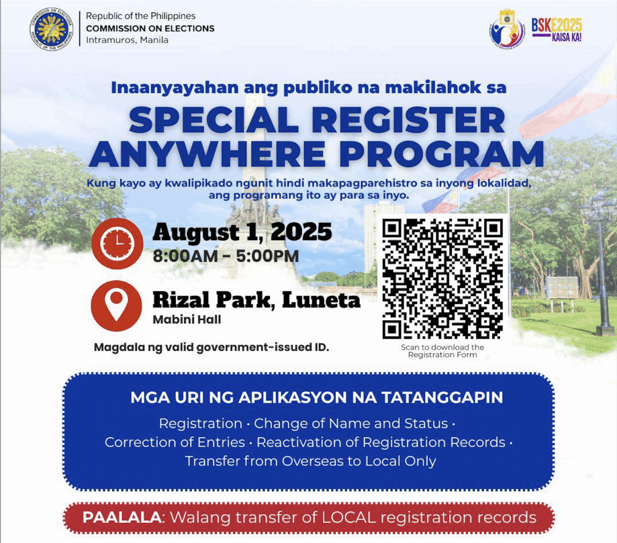 Comelec sets special voter registration on August 1 at Rizal Park | INQUIRER.net
